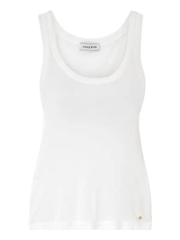 ANINE BING Crewneck Sleeveless Ribbed Tank Top With Logo Hardware - White