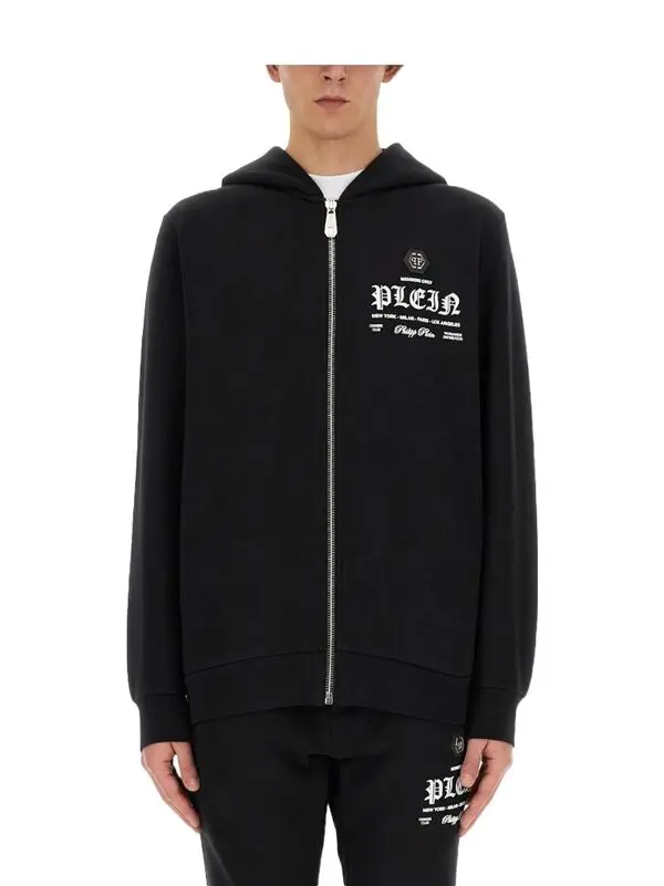 Philipp Plein Logo Printed Zipped Hoodie - Black