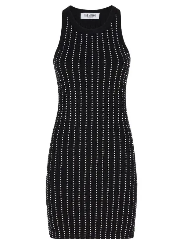 Attico Embellished Sleeveless Ribbed Mini Dress - Black