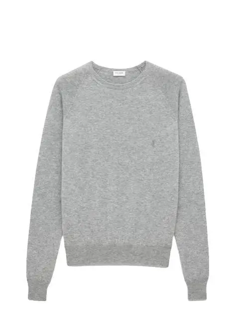 Saint Laurent Logo Embroidered Crewneck Cashmere Sweater - Flower Gray