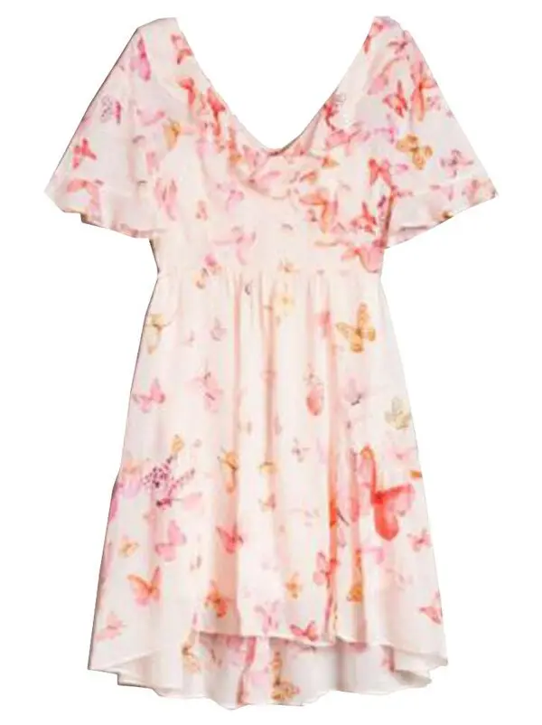 TWINSET Butterfly Print V-neck Dress With Lace Sleeves - Pink