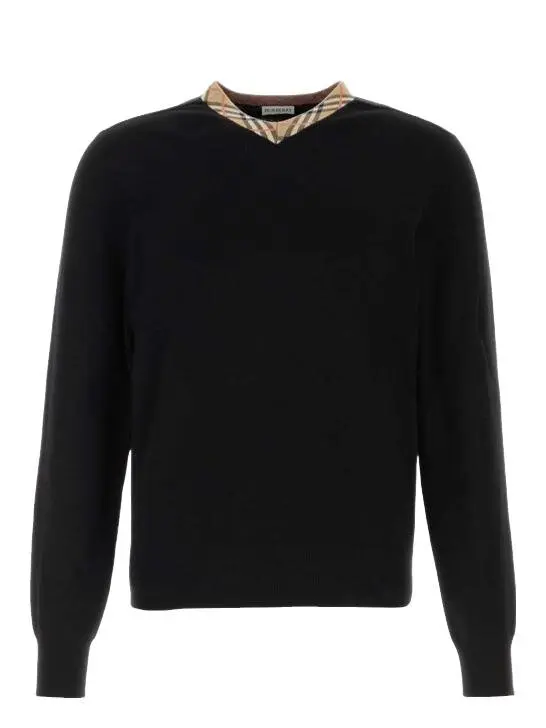 Burberry Knitted Sweater With Check Trim - Black