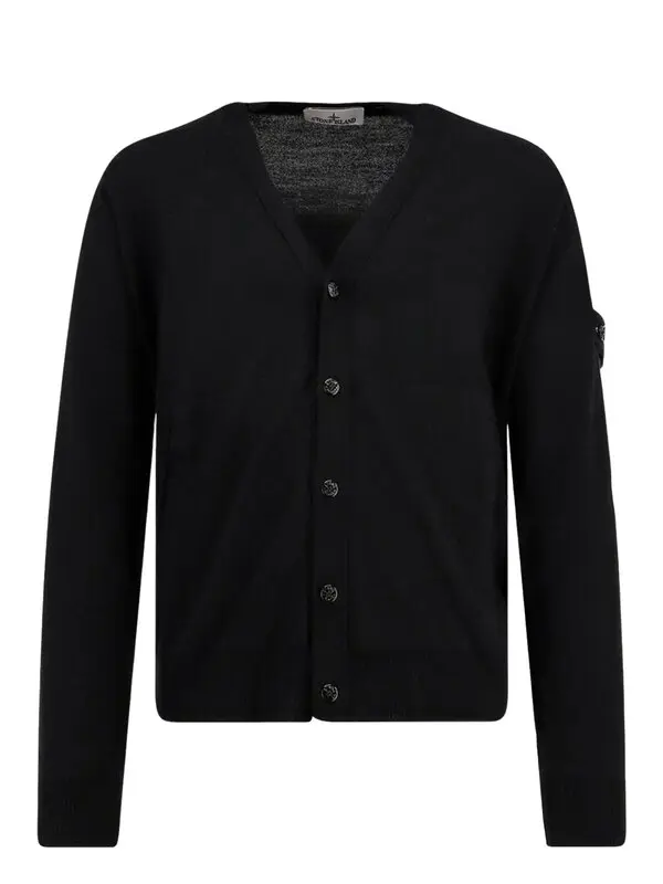 Stone Island Knitted Cardigan With Detachable Logo Patch - Black