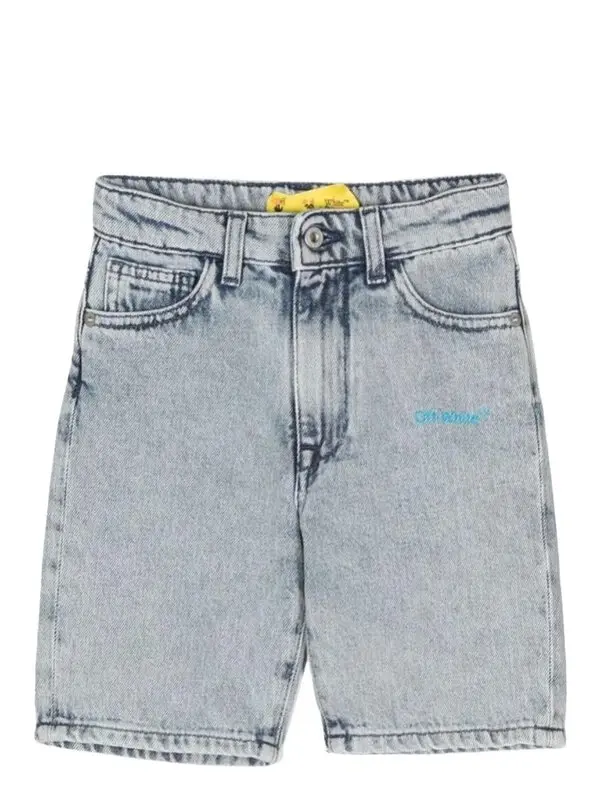 Off-White Diagonal Stripe Logo Print Denim Shorts - Gray
