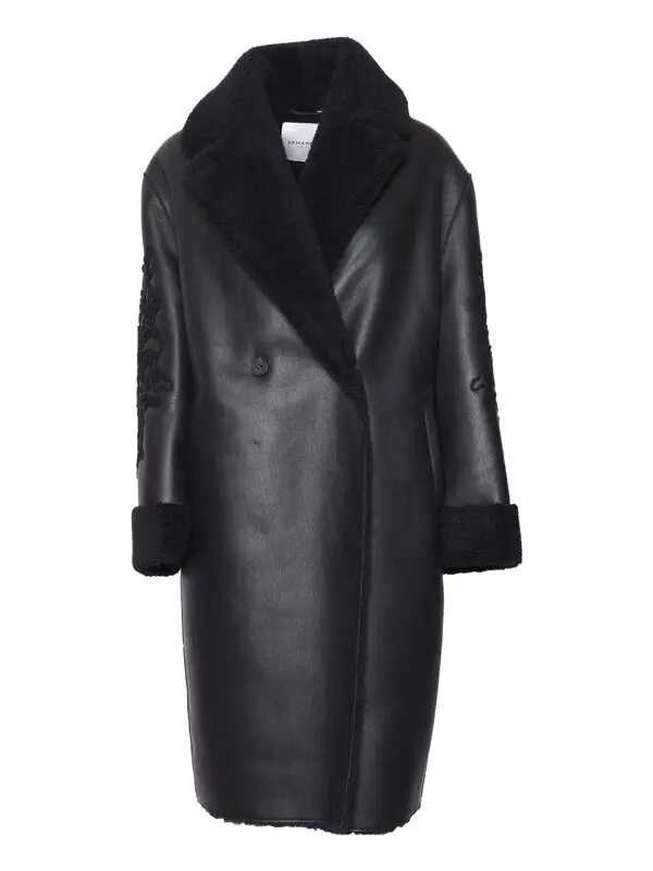 Ermanno Scervino Long-sleeved Double-breasted Coat With Faux Fur Trim And Embroidery - Black