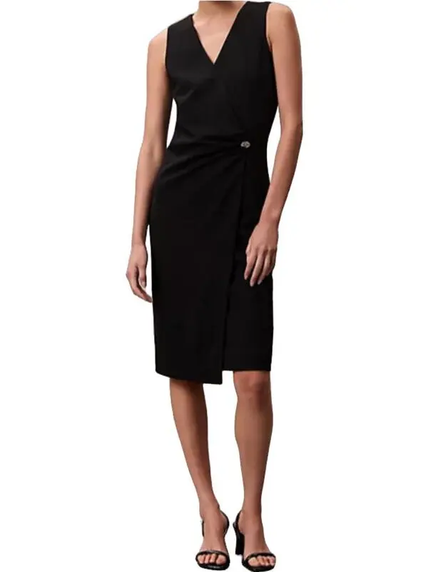 Calvin Klein Sleeveless V-neck Wrap Midi Dress - Black