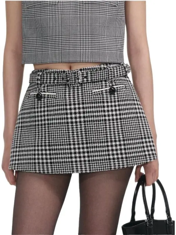 SELF-PORTRAIT Houndstooth Belted Mini Skort - Gray