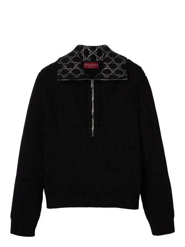Gucci Gg Embroidered Zip-up Knit Top - Black