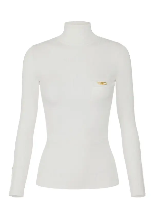 Elisabetta Franchi Ribbed Knit Roll Neck Sweater With Button Detail And Logo Pocket - Ivory
