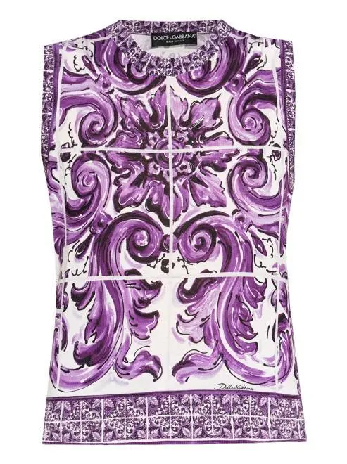 Dolce & Gabbana Sleeveless Majolica Print Ribbed Sweater - Purple