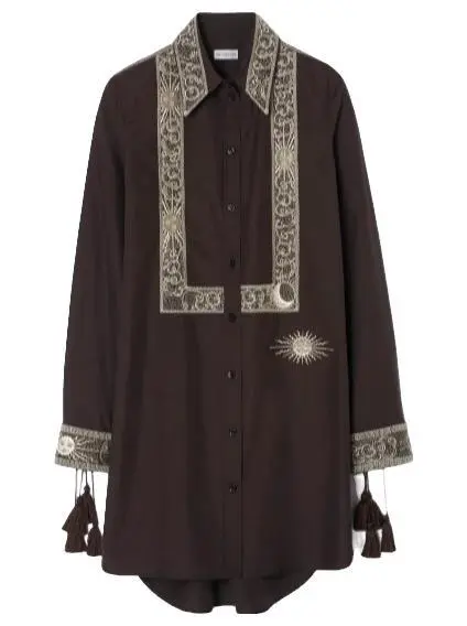 Burberry Embroidered Silk Shirt Dress With Tarot Motifs - Bonfire Brown