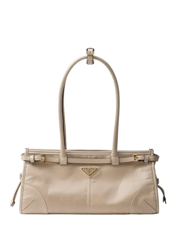 Prada Medium Tote Bag With Logo Plaque And Belted Detail - Travertine