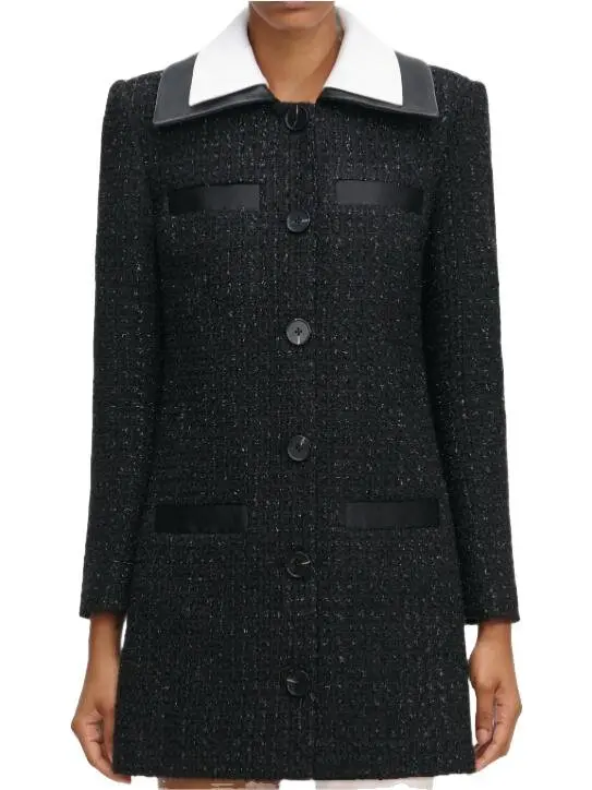 SELF-PORTRAIT Bouclé Mini Dress With Button Closure And Removable Shoulder Pads - Black