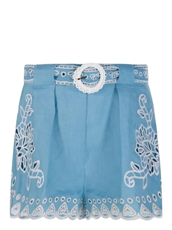 Farm Rio Embroidered Belted Shorts - Blue