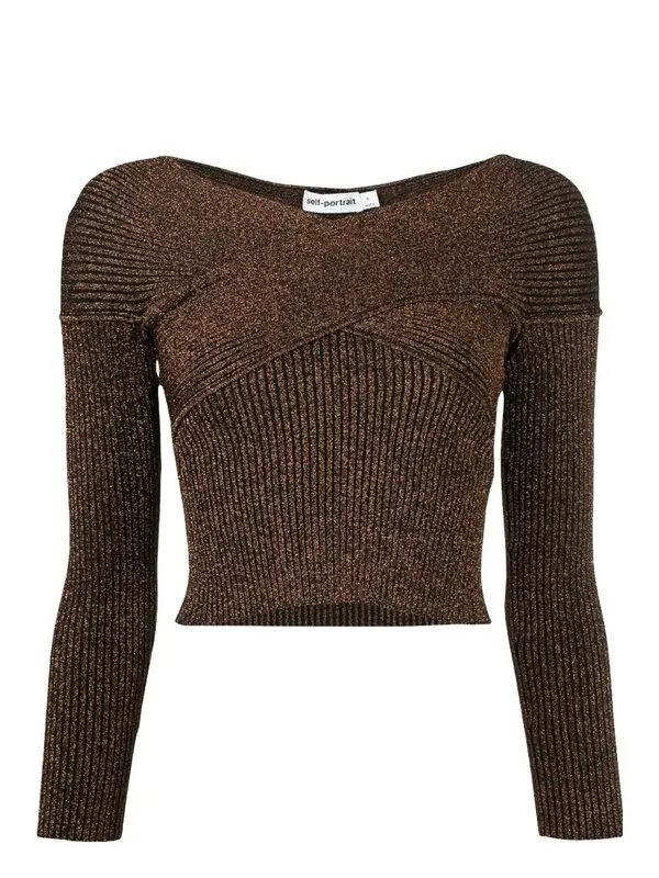 SELF-PORTRAIT Off-shoulder Metallic Ribbed Long-sleeve Top - Black