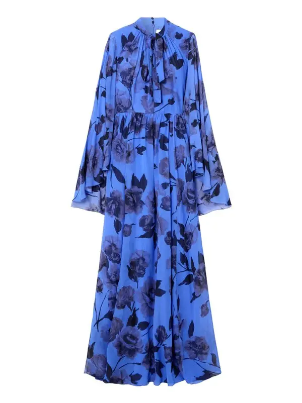 Erdem Pussy-bow Gathered Floral-print Silk-voile Gown - Blue