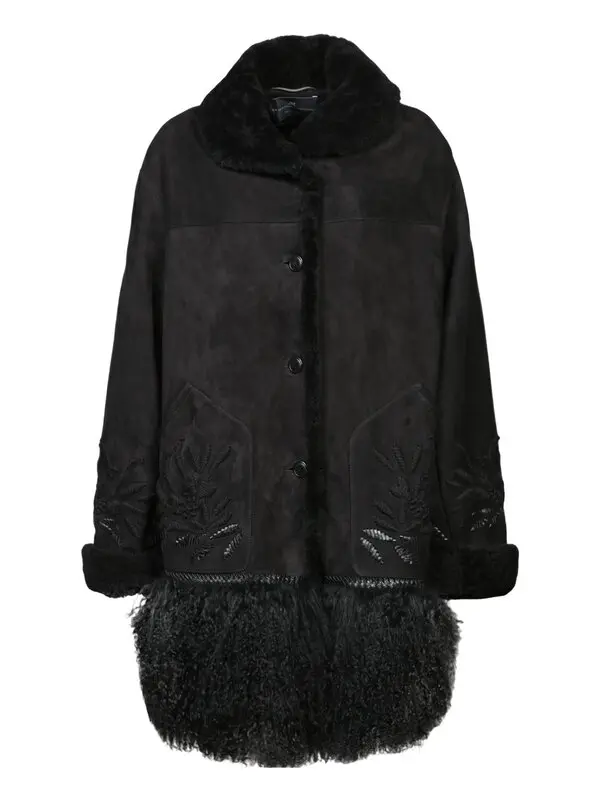 Ermanno Scervino Long-sleeved Patterned Coat With Fur Collar - Black