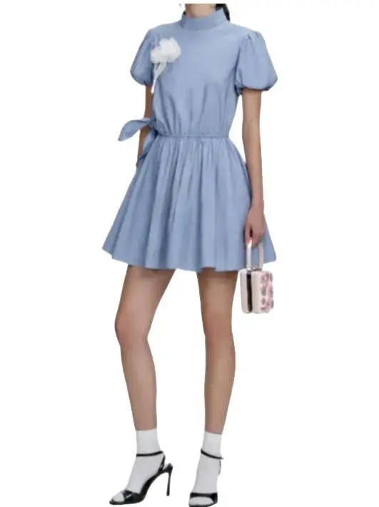 SELF-PORTRAIT Puff Sleeve Mini Dress - Blue