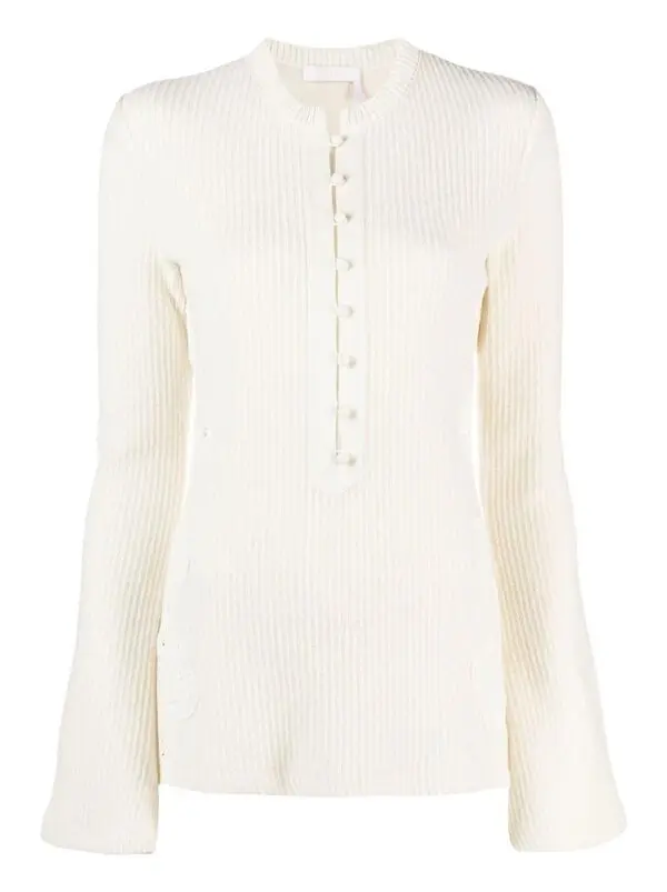 Chloé Ribbed Knit Flare Sleeve Top With Lace Detail - White