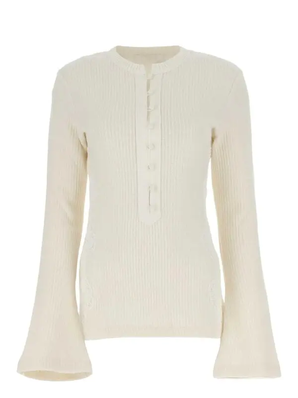 Chloé Ribbed Knit Flare Sleeve Top With Lace Detail - White