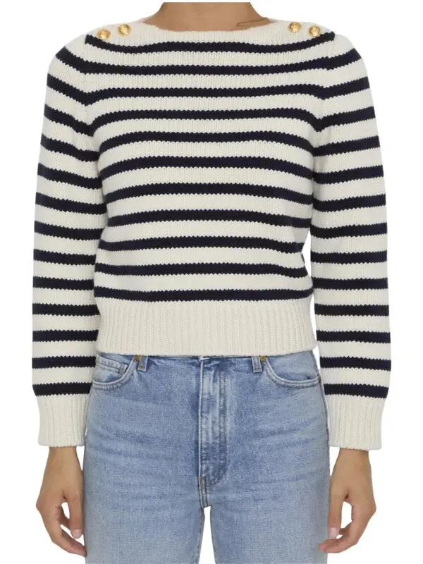 Celine Boat Neck Marinière Sweater In Cashmere - Cream/navy Blue