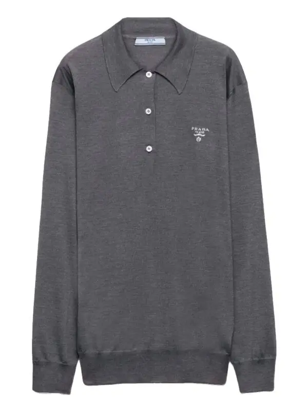 Prada Logo Embroidered Long-sleeve Polo Shirt - Slate Grey