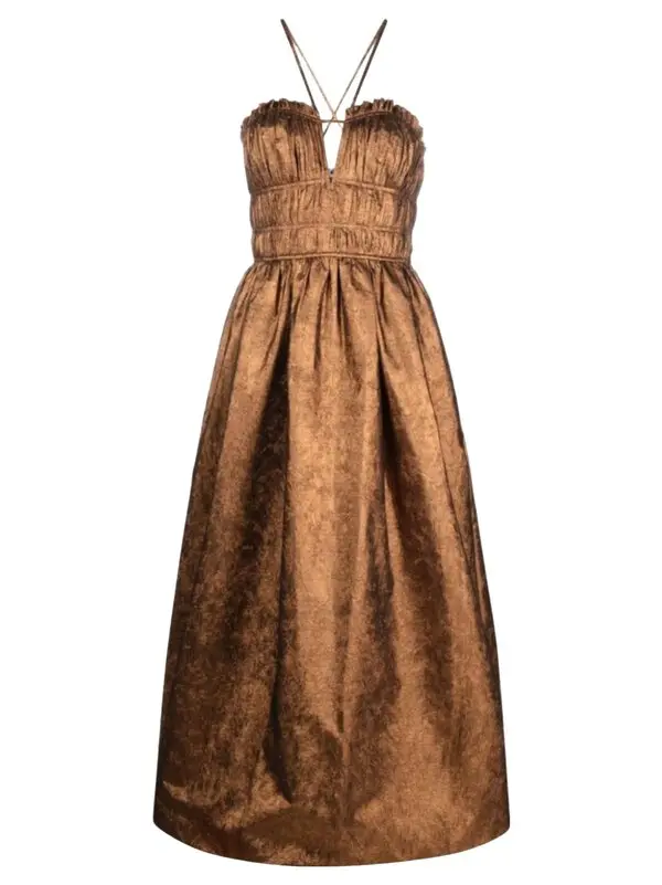Ulla Johnson Strappy Pleated Metallic Dress - Brown