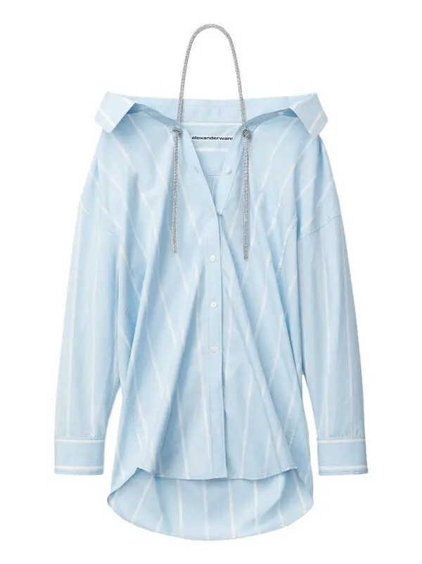 Alexander Wang Crystal Embellished Striped Cotton Shirt - Oxford Blue/white