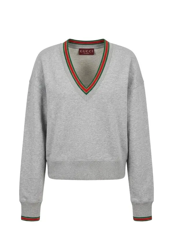 Gucci V-neck Web Jersey Sweatshirt - Light Gray