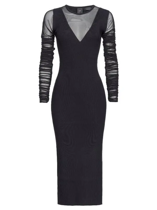 Pinko Panelled Ribbed-knit Midi Dress With Sheer Sleeves - Black