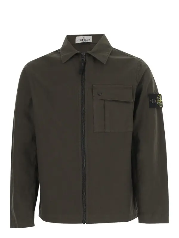 Stone Island Zip-up Shirt With Compass Badge - Military Green