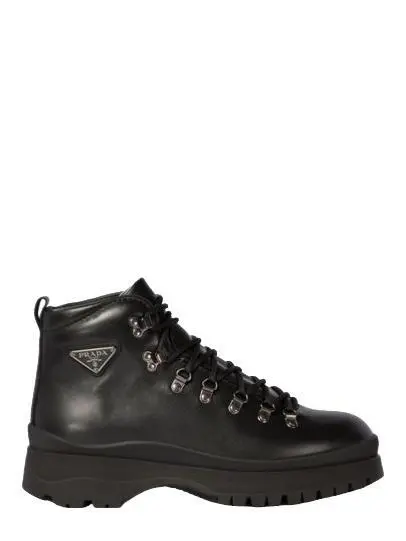 Prada Logo Plaque Lace-up Boots - Black