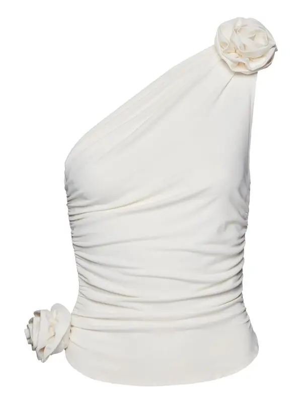 Magda Butrym One Shoulder Ruched Top With 3d Rose Detail - Cream