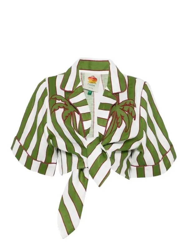 Farm Rio Striped Cropped Blouse With Palm Tree Detail And Lace-up Front - Green