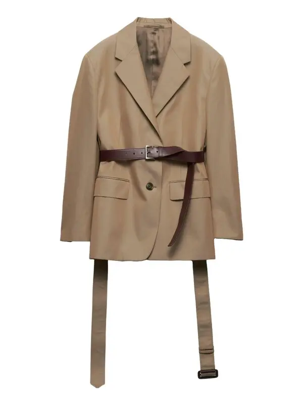 Prada Single-breasted Twill Jacket With Leather Belt - Natural Color
