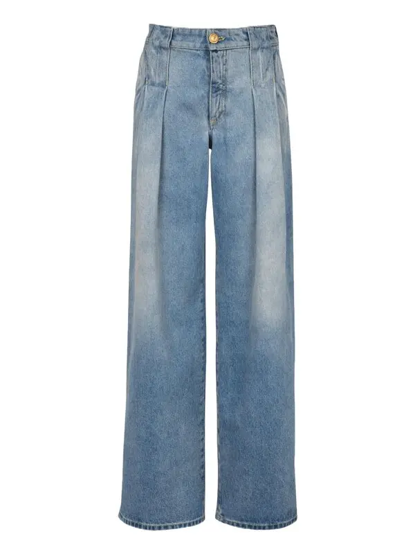 Balmain Logo Detailed Pleated Denim Jeans - Blue