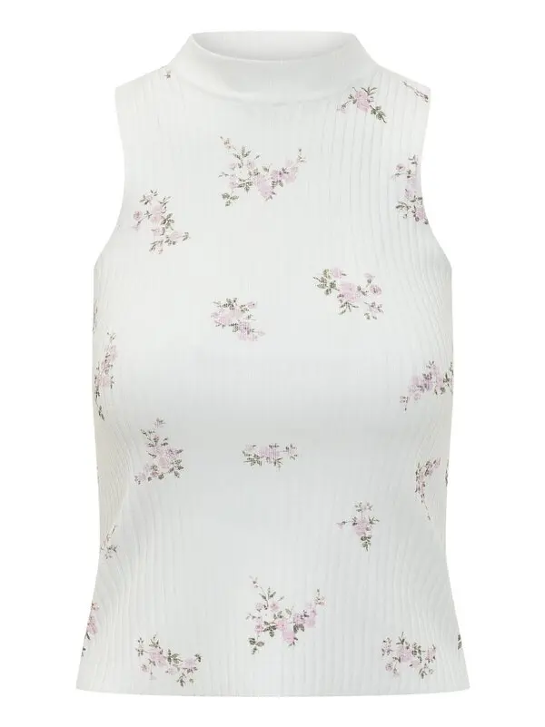MSGM Floral Printed Ribbed Top - White