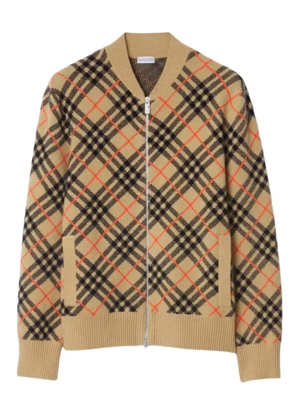 Burberry Checked Knitted Zip-up Cardigan - Sand-colored
