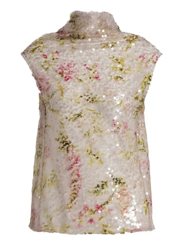 Alberta Ferretti Sleeveless Embellished Floral Print Top - Nude
