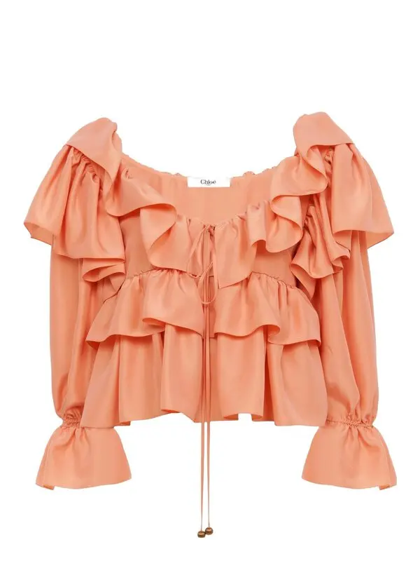Chloé Ruffled Cropped Silk Blouse - Shell Coral Color
