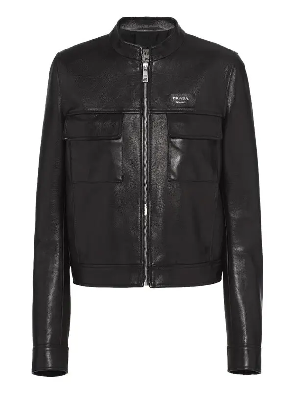 Prada Leather Zip-up Jacket With Logo Detail - Black