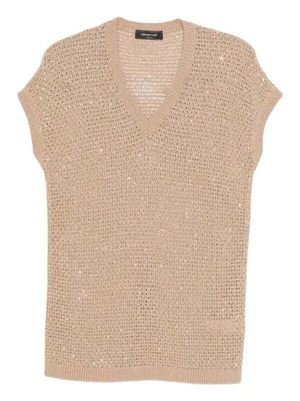 Fabiana Filippi Embellished V-neck Knit Top - Nude