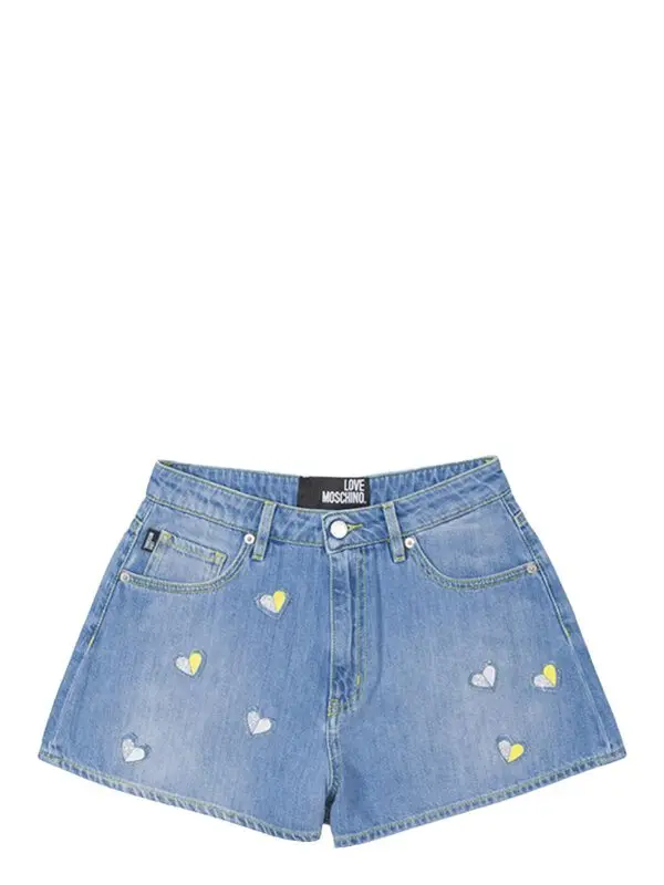 Moschino Heart Embroidered Denim Shorts - Blue