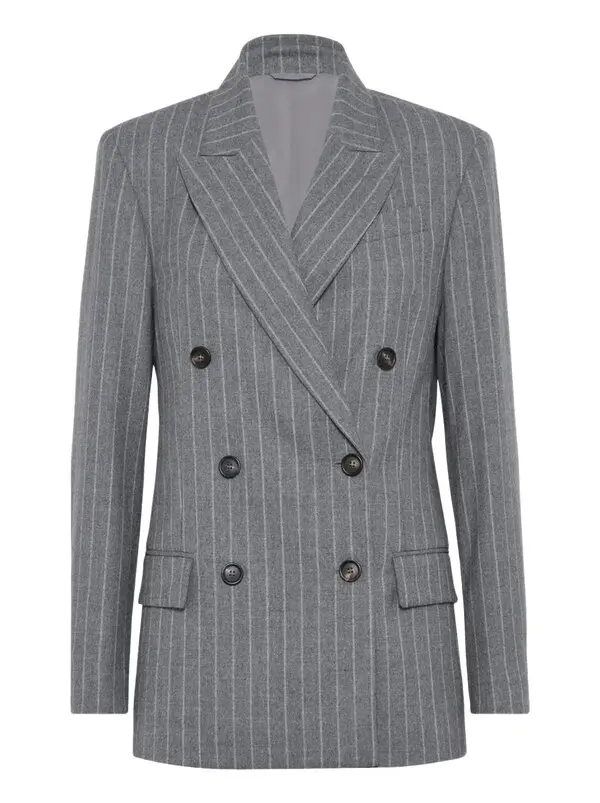 Brunello Cucinelli Pinstripe Double-breasted Blazer With Monili Chain Detail - Medium Gray