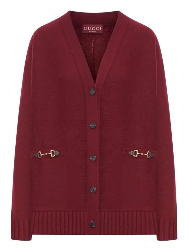 Gucci Horsebit Detailed V-neck Knit Cardigan - Red