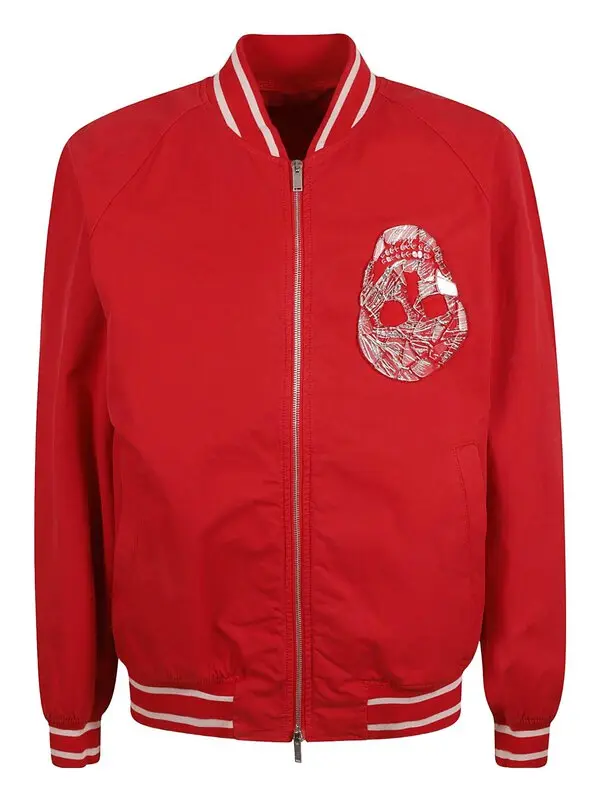 Alexander McQueen Skull Appliqué Bomber Jacket - Fire Red