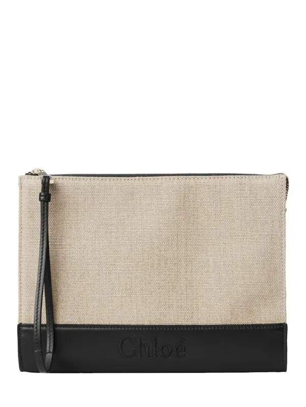 Chloé Logo Embroidered Clutch Bag - Nude