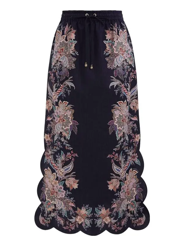 Zimmermann Rhiannon Scallop Midi Skirt - Navy Blue Multicolored Paisley Pattern