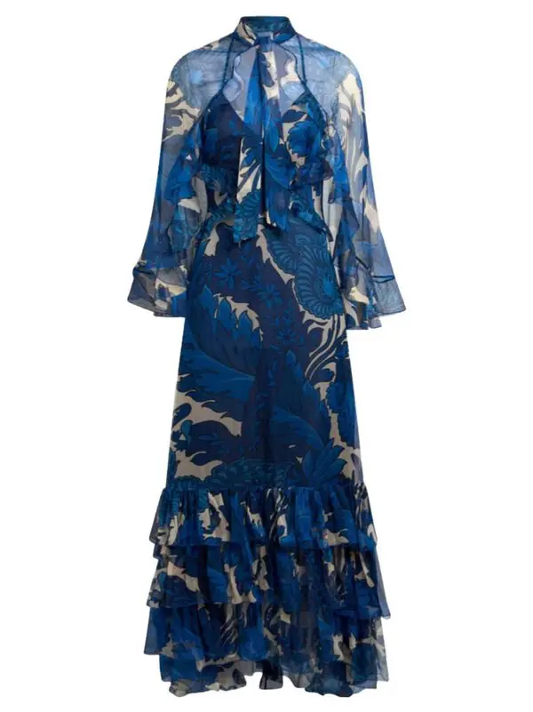 Etro Floral-printed Maxi Dress With Detachable Cape - Electric Blue