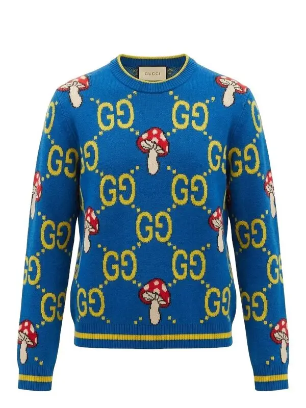Gucci Double G Mushroom Intarsia Wool Jumper - Blue
